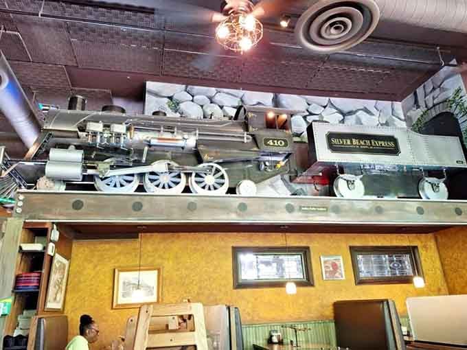 That model train overhead adds whimsy without being gimmicky &ndash; just the right touch of nostalgic charm for all ages.