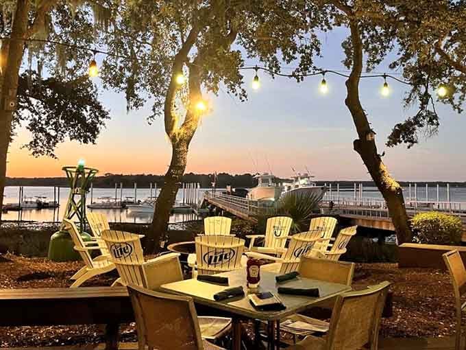 Adirondack chairs facing the sunset and water create the perfect spot for post-dinner drinks and contemplation.