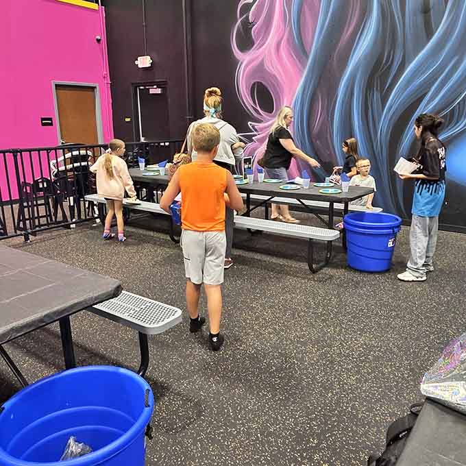 Picnic tables provide the perfect spot to refuel, regroup, and plan your next round of indoor excitement.