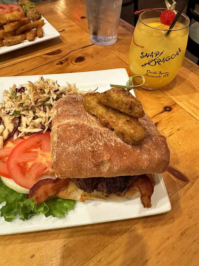 The Spicy Island Burger arrives like a luau crashed into a gastropub and nobody complained.