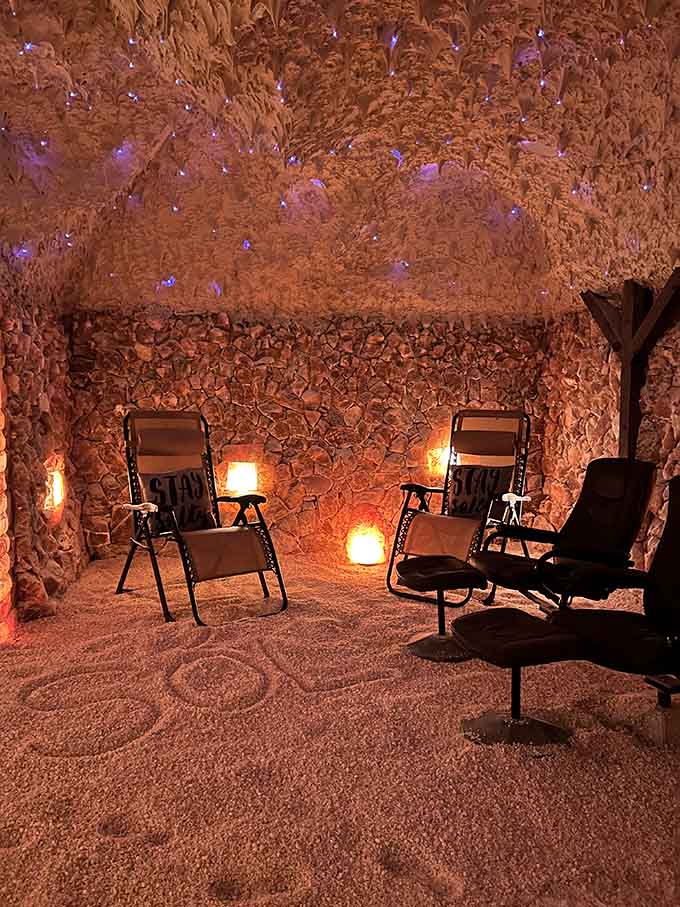 Multiple seating options mean everyone finds their perfect relaxation position in this therapeutic underground-style retreat.