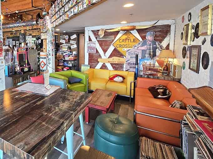 Eclectic seating that somehow works perfectly, like a family reunion where everyone actually gets along and enjoys each other.