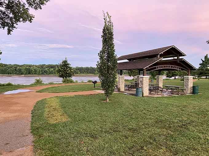 Frontier Park's riverside pavilion offers perfect picnic spots where the Missouri River provides the entertainment and ambiance.