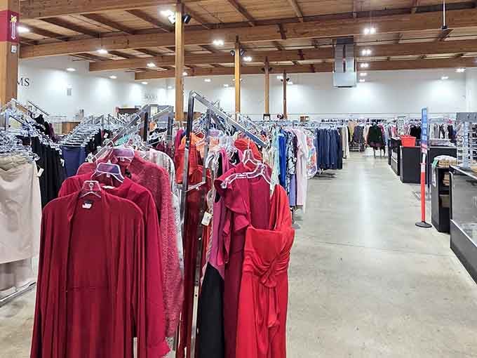 Color-coded clothing racks that make finding your size almost too easy &ndash; the organization here is oddly satisfying and deeply appreciated.