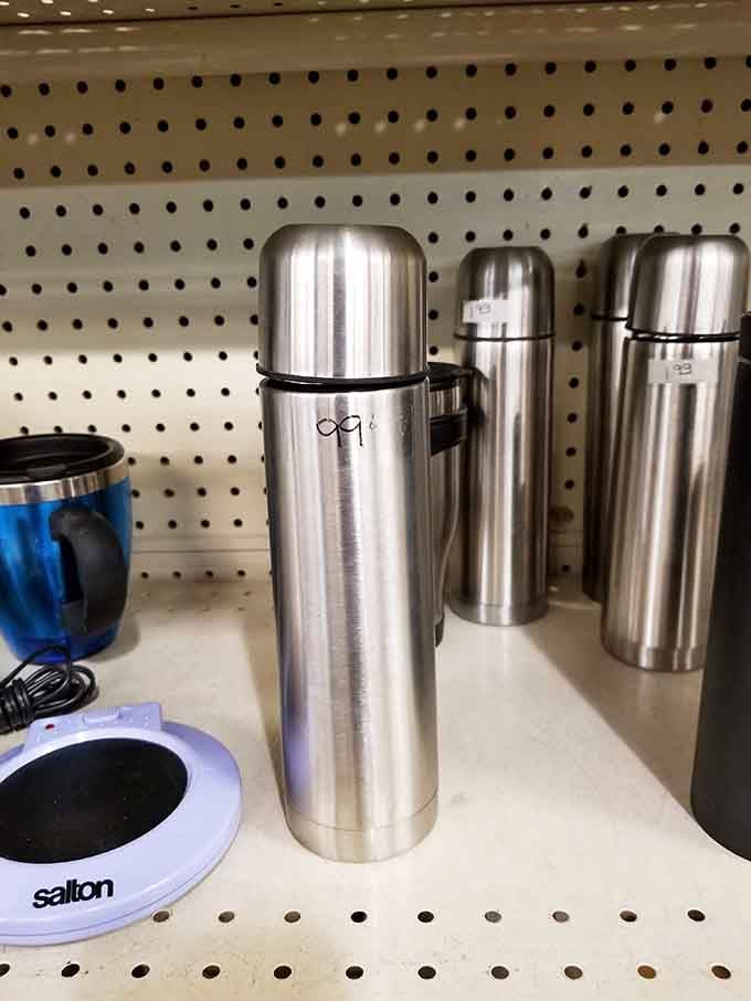 Stainless steel thermoses line up like soldiers, ready to keep your coffee hot during Arizona adventures ahead.