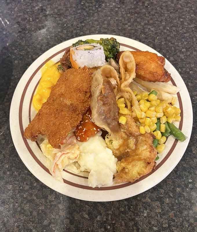 A perfectly composed plate showcasing the beautiful chaos that happens when you can't decide between Asian and American favorites.