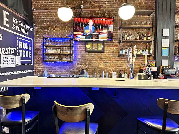 The bar area glows with blue lighting like the Batcave, but serves significantly better coffee and waffles.