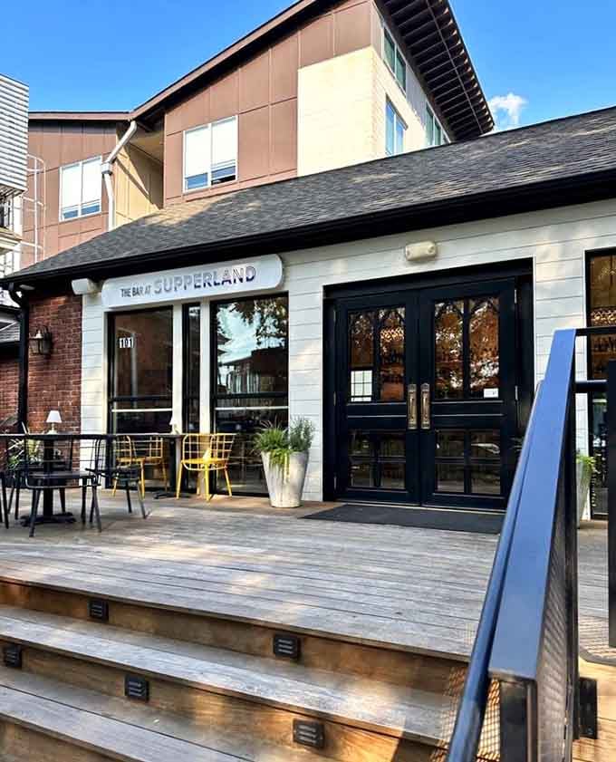 The entrance welcomes you with modern charm while hinting at the historic treasures waiting inside those doors.