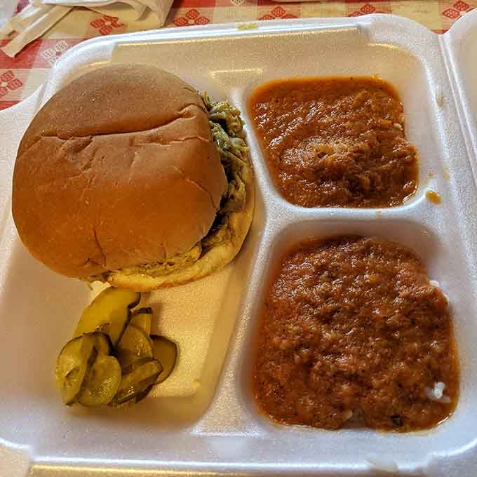 The barbecue sandwich comes with pickles and enough meat to make you question why you ever ordered a small anything.