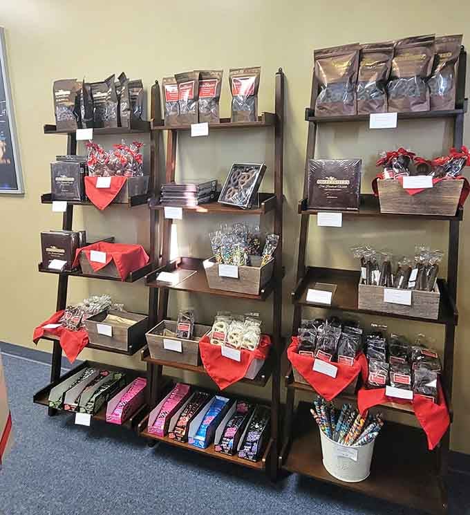 Ladder shelves showcase bags and boxes of chocolate like a library of sweetness, each one telling its own delicious story.