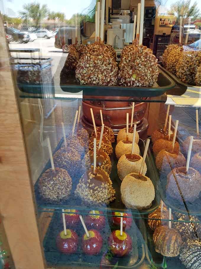 Caramel apples dressed to impress, because apparently even your snacks need to look Instagram-worthy at this shopping paradise of temptation.