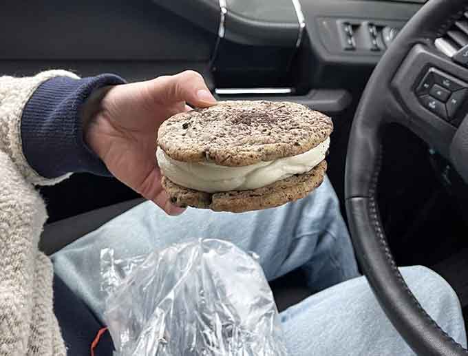 An ice cream sandwich this size requires both hands and possibly a strategic eating plan.