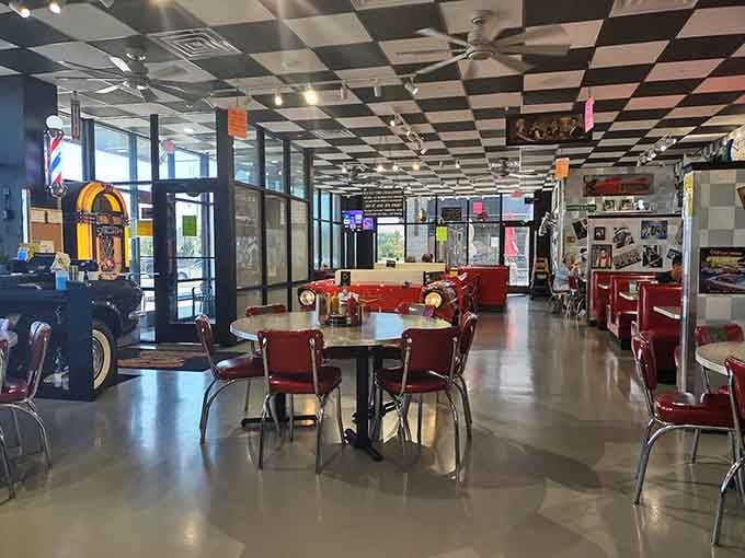 That jukebox and vintage memorabilia transform a simple meal into a full-blown time travel experience.