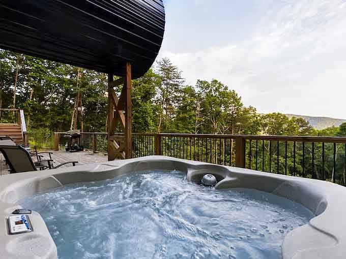 Bubbling hot tub water meets cool mountain air as you soak with panoramic views that beat any postcard.
