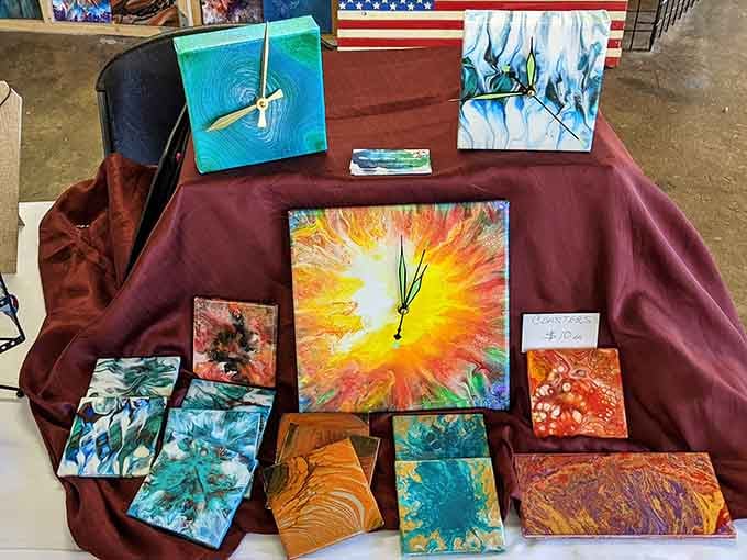 Abstract canvases burst with color like a sunrise exploded onto canvas, proving local artists have serious talent.