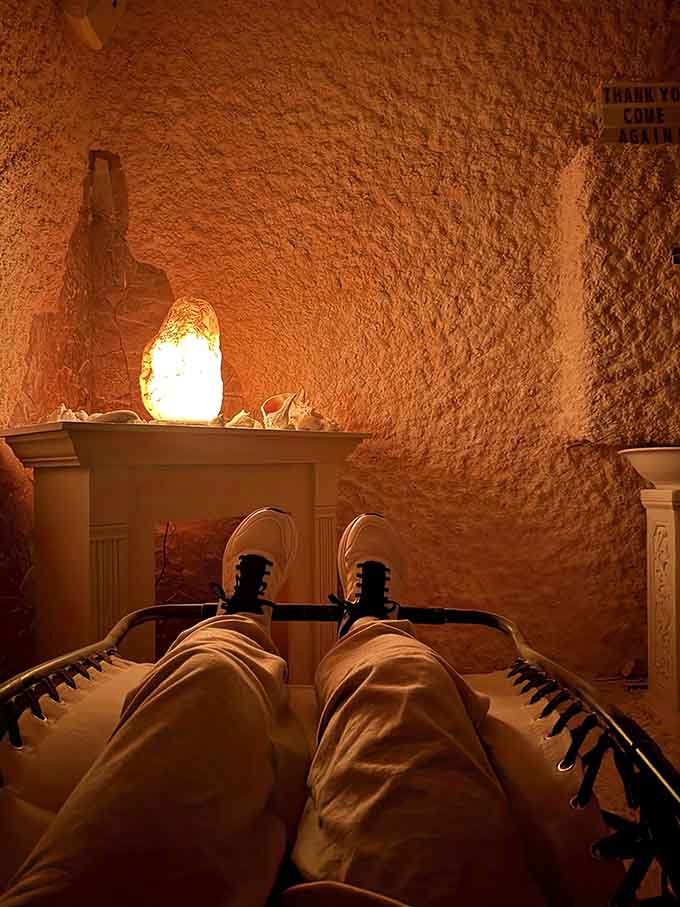 First-person view of pure relaxation, with your feet up and a glowing salt lamp keeping you company.