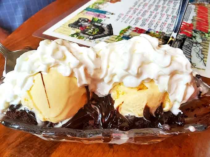 Hot fudge brownie sundae with vanilla ice cream and whipped cream &ndash; resistance is absolutely futile here.