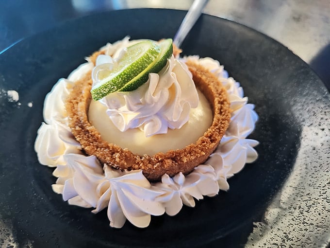 Key lime pie presented like a work of art, because Florida desserts should always look as good as they taste.