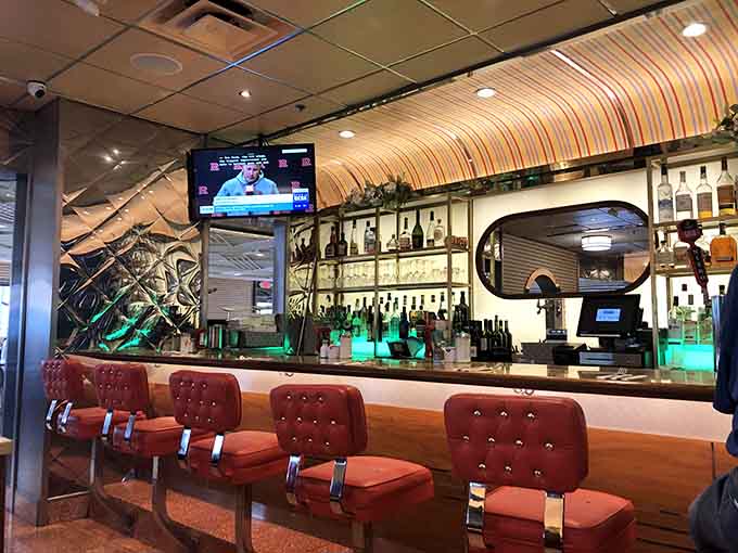 The polished bar area gleams invitingly, ready to serve everything from morning coffee to late-night conversations over pie and java.