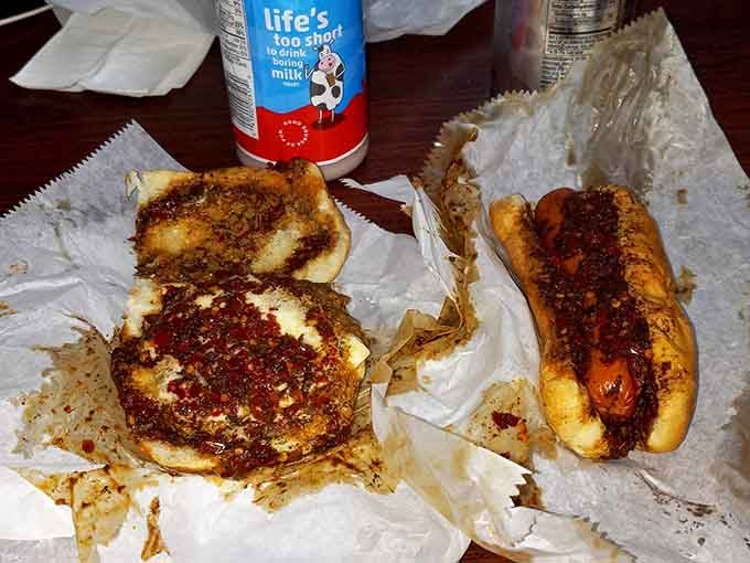 Chili cheeseburger and chili dog with chocolate milk&mdash;a combination that would make your inner child absolutely rejoice.