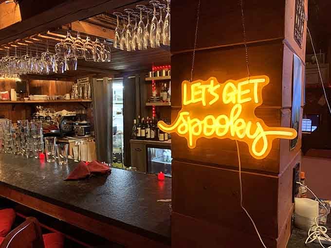 That "Let's Get Spooky" neon sign perfectly captures the playful spirit behind this vampire-themed culinary adventure spot.