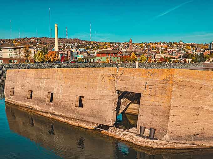 The autumn cityscape backdrop makes this concrete box look almost intentional, like Duluth's version of modern sculpture.