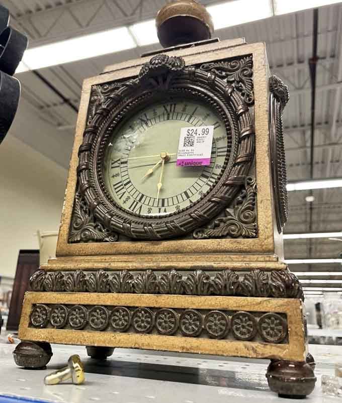 This ornate timepiece proves someone's castoff can become your conversation-starting mantelpiece treasure at home.