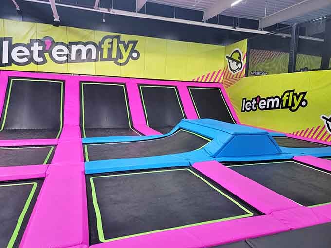 Wall-to-wall trampolines in hot pink&mdash;because subtlety is overrated when you're literally bouncing off the walls with joy.