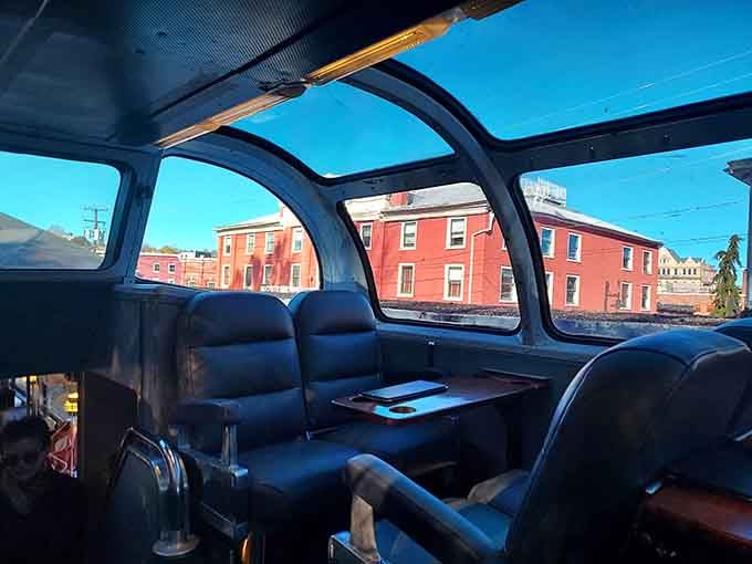 The dome car's panoramic windows turn every passenger into a front-row spectator of Virginia's greatest show.