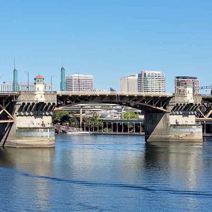 The Burnside Bridge frames the skyline like a postcard that somehow looks better in real life.