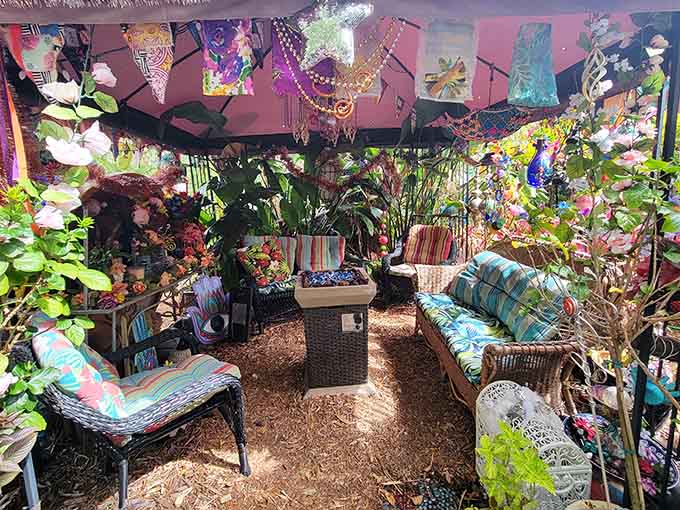 Cozy seating nestled under a canopy where relaxation meets visual overload in the most delightful way humanly possible.