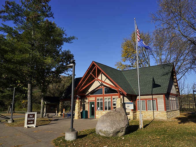 The charming contact station welcomes visitors with that classic northwoods lodge aesthetic and helpful park information inside.
