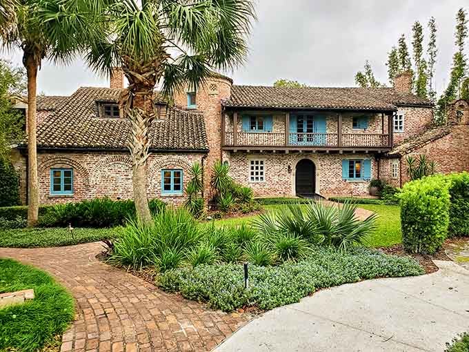 Historic homes with turquoise shutters and palm trees because Florida decided Mediterranean style needed tropical flair.