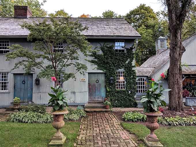 Ivy-covered walls and twin blue doors create an entrance more romantic than any Jane Austen novel setting.
