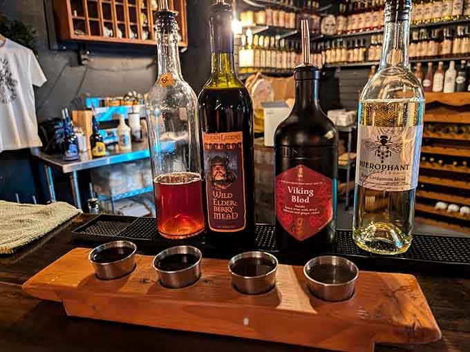 Four bottles of mead standing ready to transport you through centuries with every single sip.