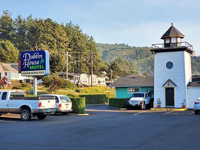 Dublin House Motel's lighthouse is the kind of whimsical touch that makes you smile before you even check in.