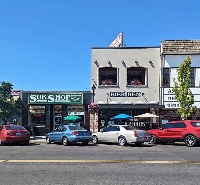 Downtown storefronts showcase local businesses thriving in a city where commercial rent hasn't reached astronomical levels yet.
