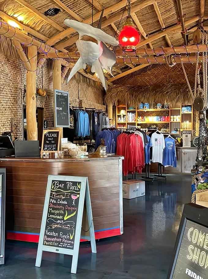 That hammerhead shark watching over the hostess stand and gift shop adds just the right amount of playful intimidation to your entrance.