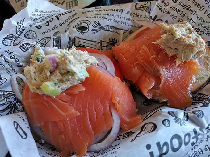Smoked salmon draped over a bagel like an edible work of art, proving breakfast can be elegant.