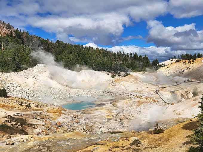 Steam rises from bubbling pools and hissing vents, painting the ground in sulfur yellows and mineral whites across this geothermal wonderland.