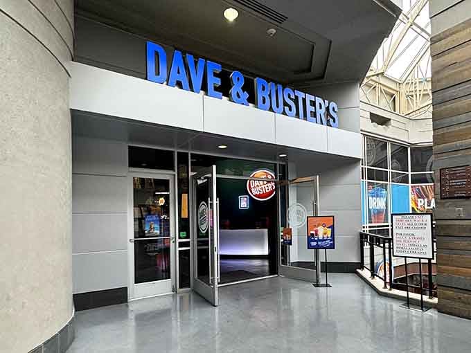 The modern entrance promises an evening where grown-ups can relive childhood joy one video game at a time.