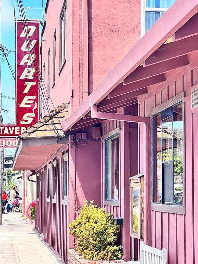 The pink building stands out cheerfully along the coastal highway like a welcoming friend offering comfort food.