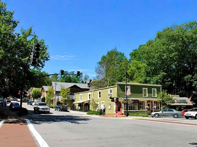 Green spaces and welcoming storefronts create that rare combination of natural beauty and community warmth together.