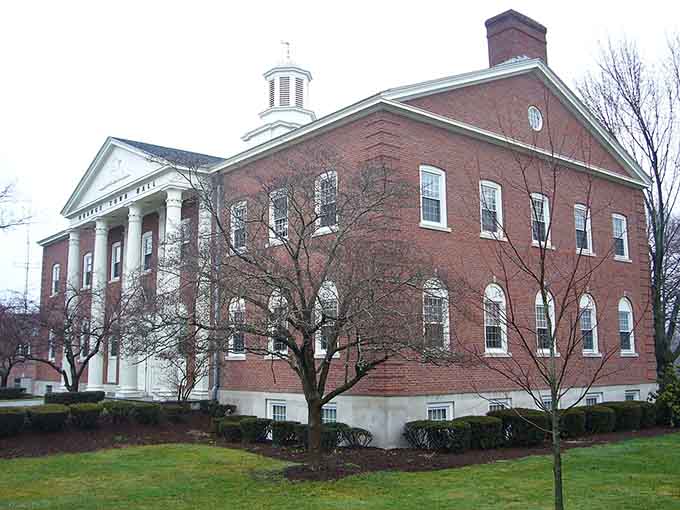Colonial-era architecture meets modern function in this handsome brick building that anchors the community with quiet dignity.