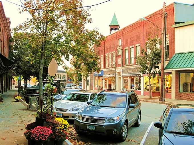 Putnam's downtown bursts with fall colors as trees frame the brick buildings that house the town's thriving antique shop scene.