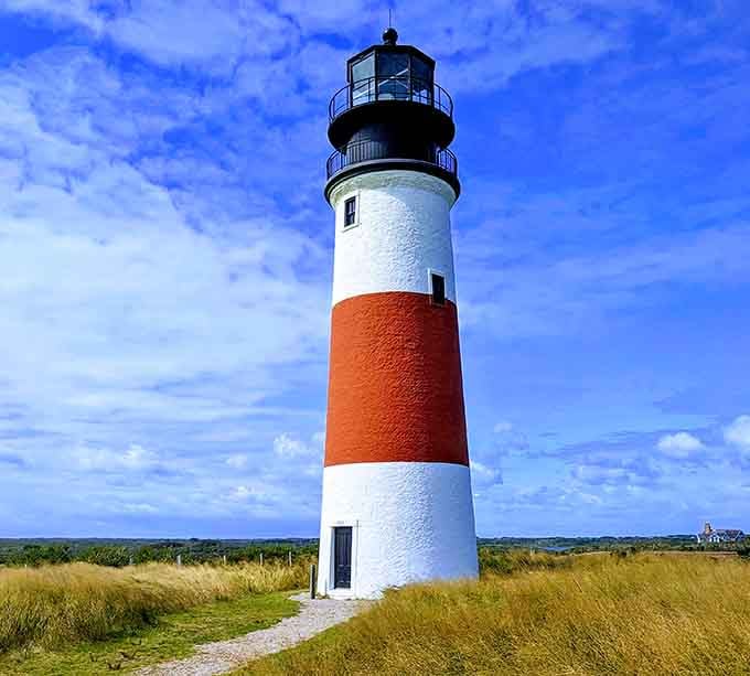 That bold orange band makes this lighthouse look like it's wearing the world's most stylish belt.
