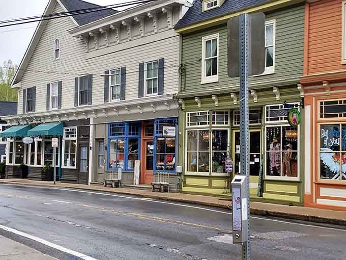 Colorful storefronts create a rainbow of shopping possibilities along this main street that remembers when downtowns mattered.