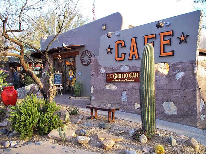 The creative rock facade with that tall saguaro standing guard makes this desert cafe absolutely Instagram-worthy.