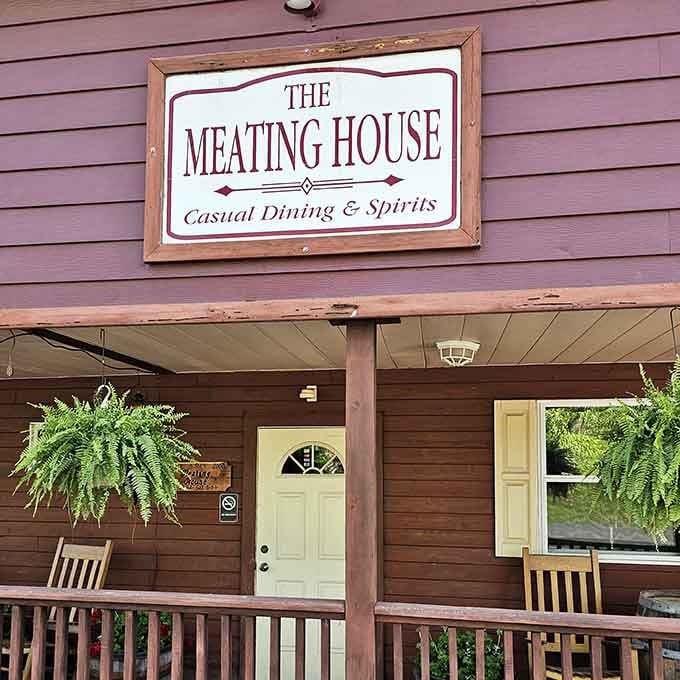 A name that clever deserves your attention, and those hanging ferns add unexpected charm to the entrance.