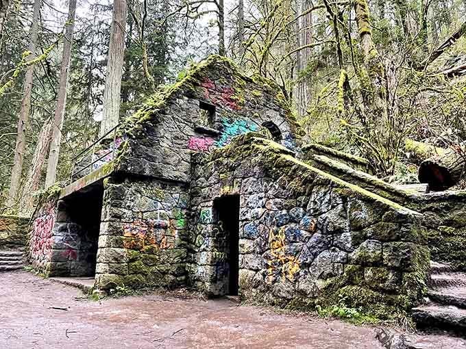 Moss-covered stone arches emerge from the forest floor like ruins from a Grimm Brothers tale gone wonderfully wild.